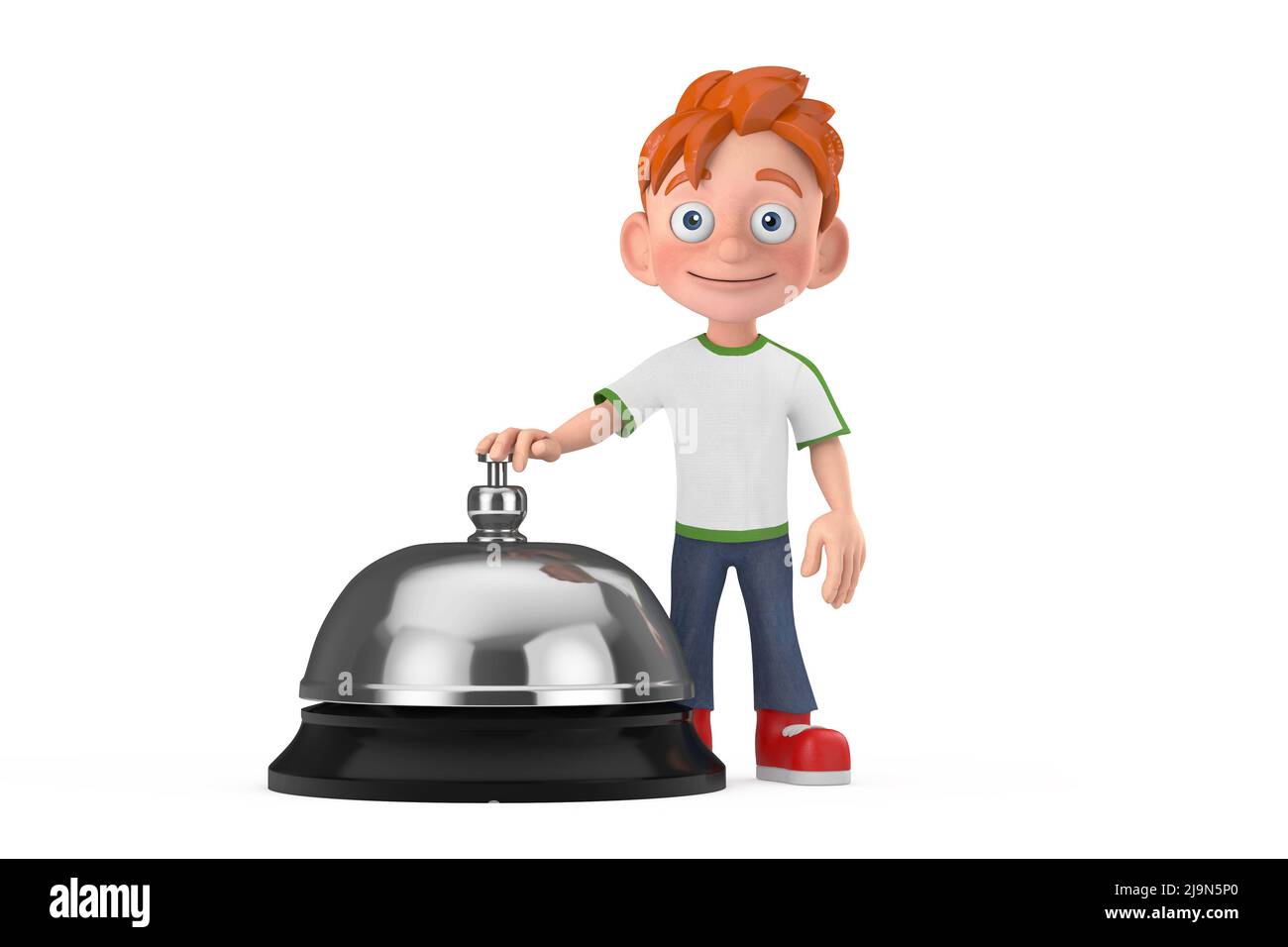 Cartoon Little Boy Teen Person Character Mascot with Hotel Service Bell ...