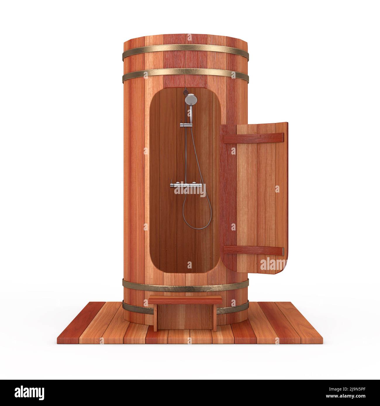 Wooden Outdoor Modern Spa Shower Cabinet in Shape of Plank Barrel on a ...