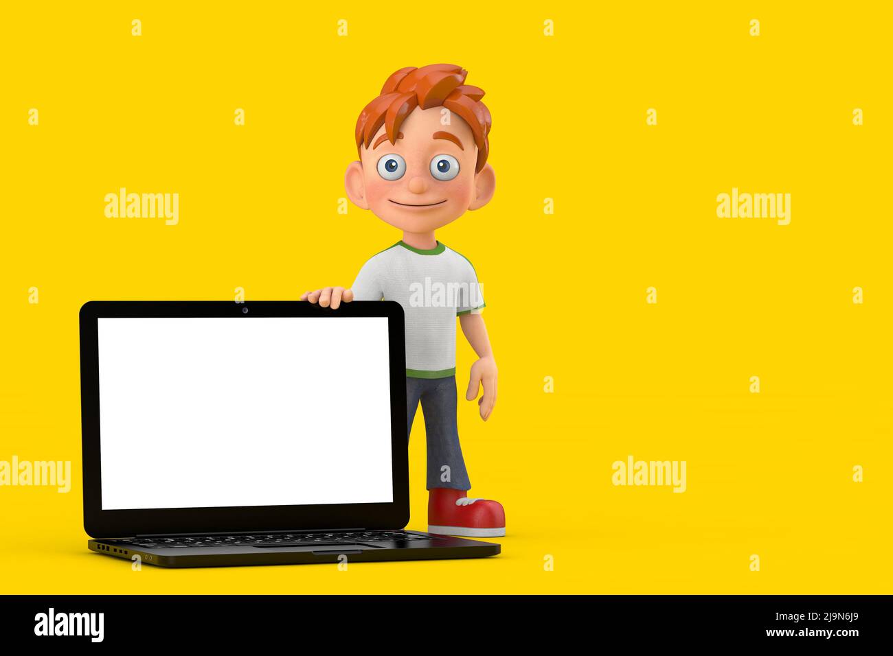 Cartoon Little Boy Teen Person Character Mascot with Modern Laptop ...