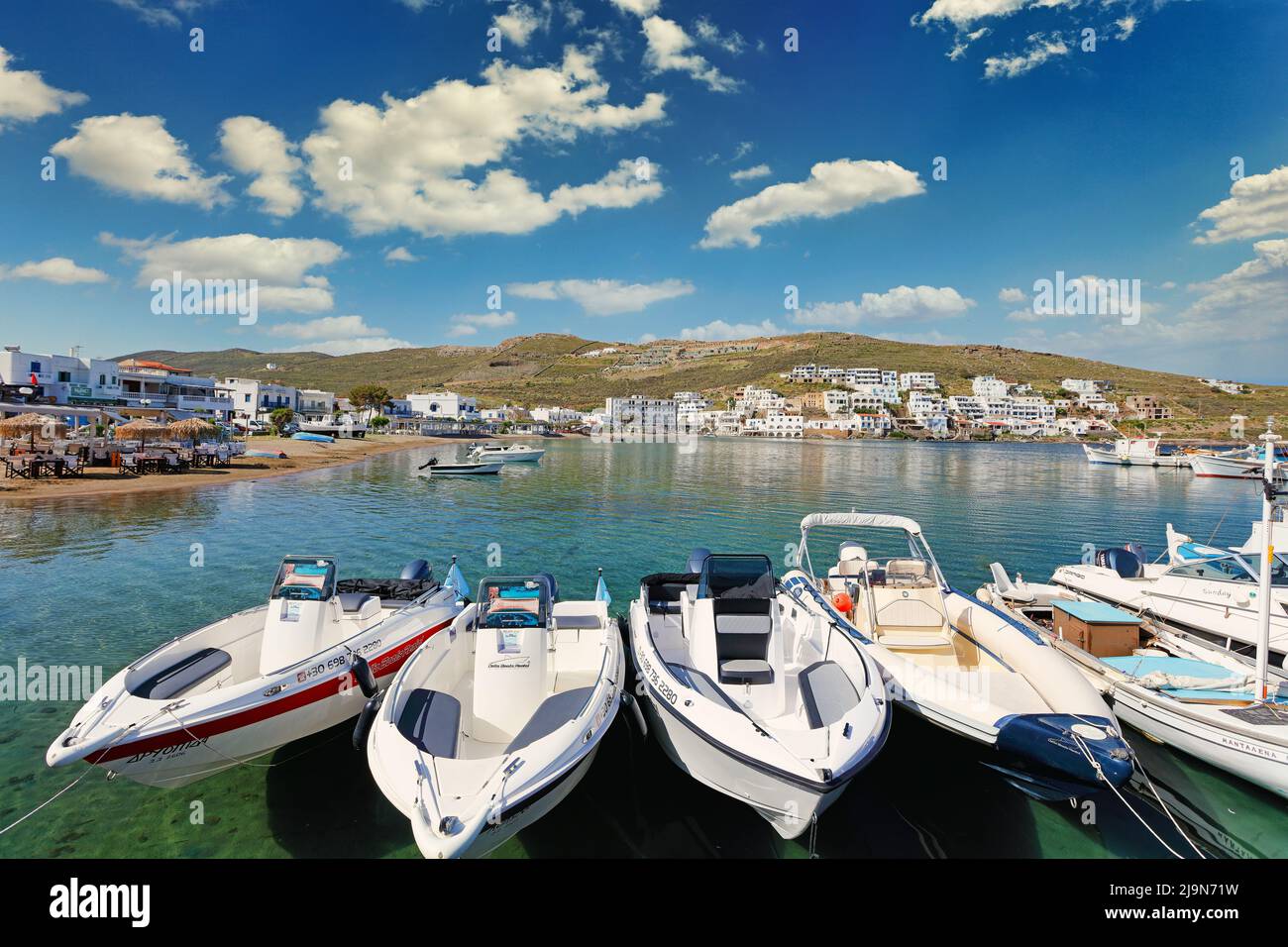 The port of Merichas of Kythnos island in Cyclades, Greece Stock Photo ...