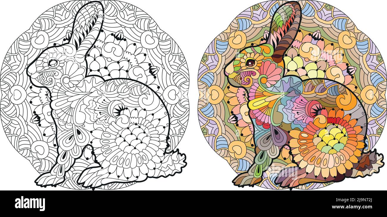 Spring rabbit on mandala. Coloring page for adult and children. Easter ...