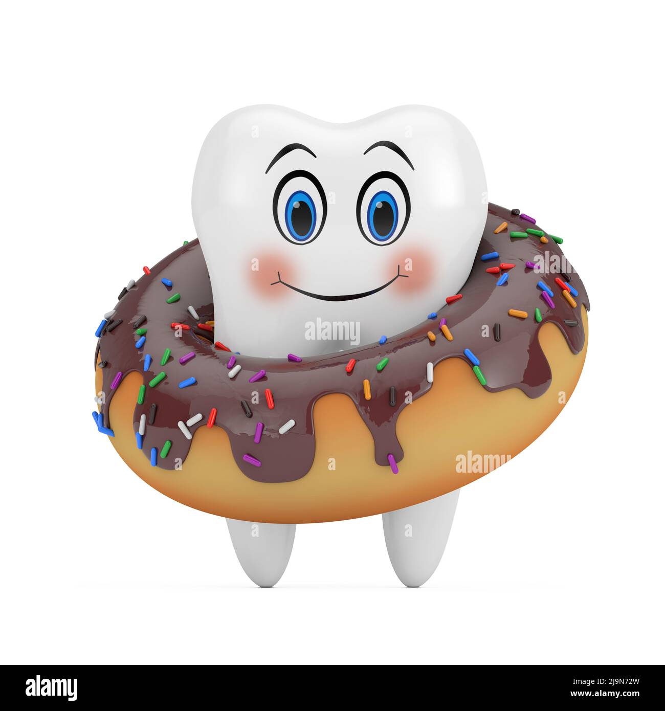 White Tooth Cartoon Character Person with Big Chocolate Glazed Donut ...