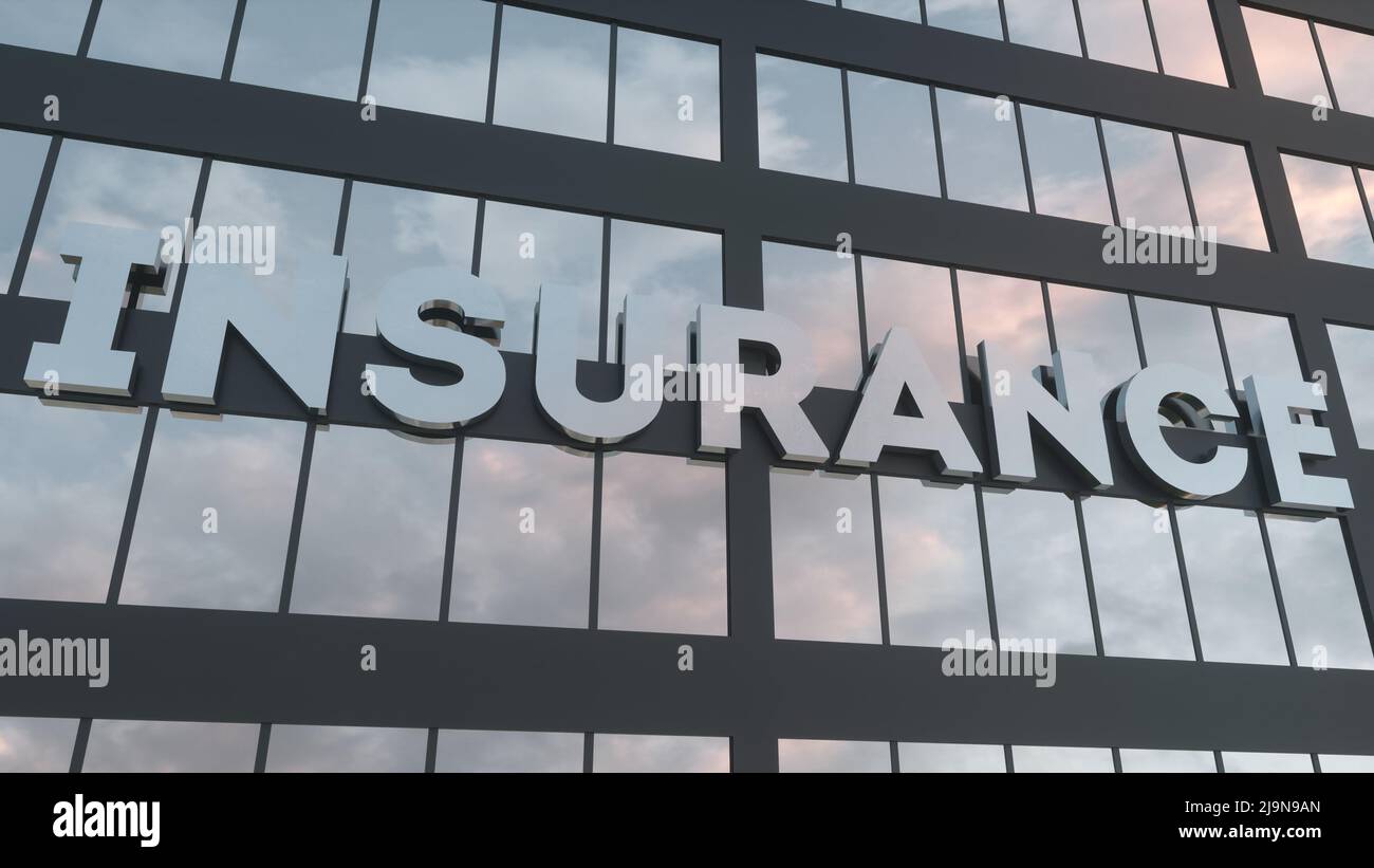 Insurance corporation building with glass windows and sky reflections ...