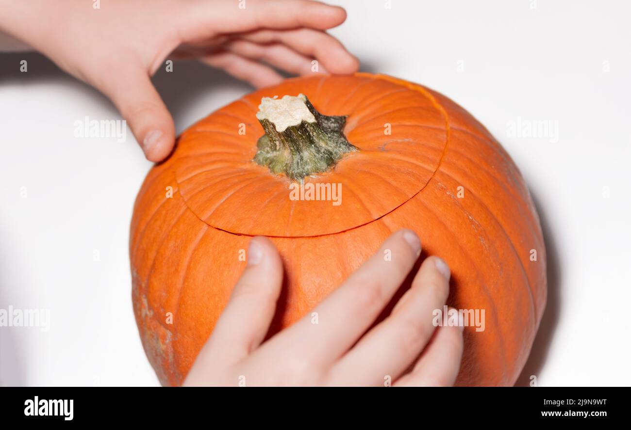 Pumpkin for Halloween. The tradition of carving out a frightening face ...