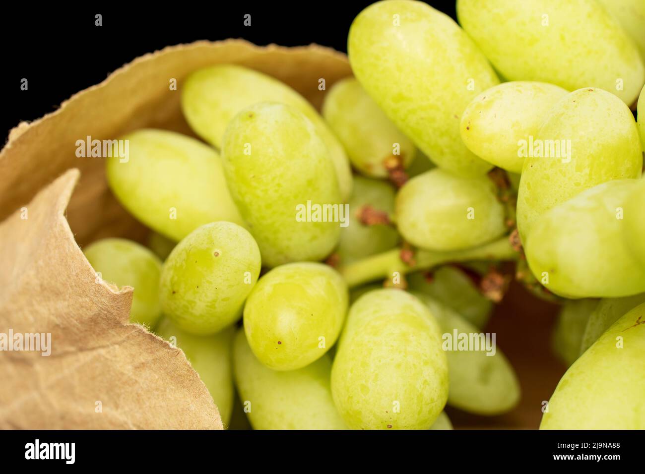 One bunch of white seedless grapes with a paper bag, close-up, isolated ...