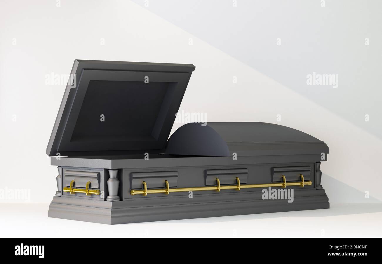 open part of black coffin in beam of light. 3d rendering Stock Photo ...