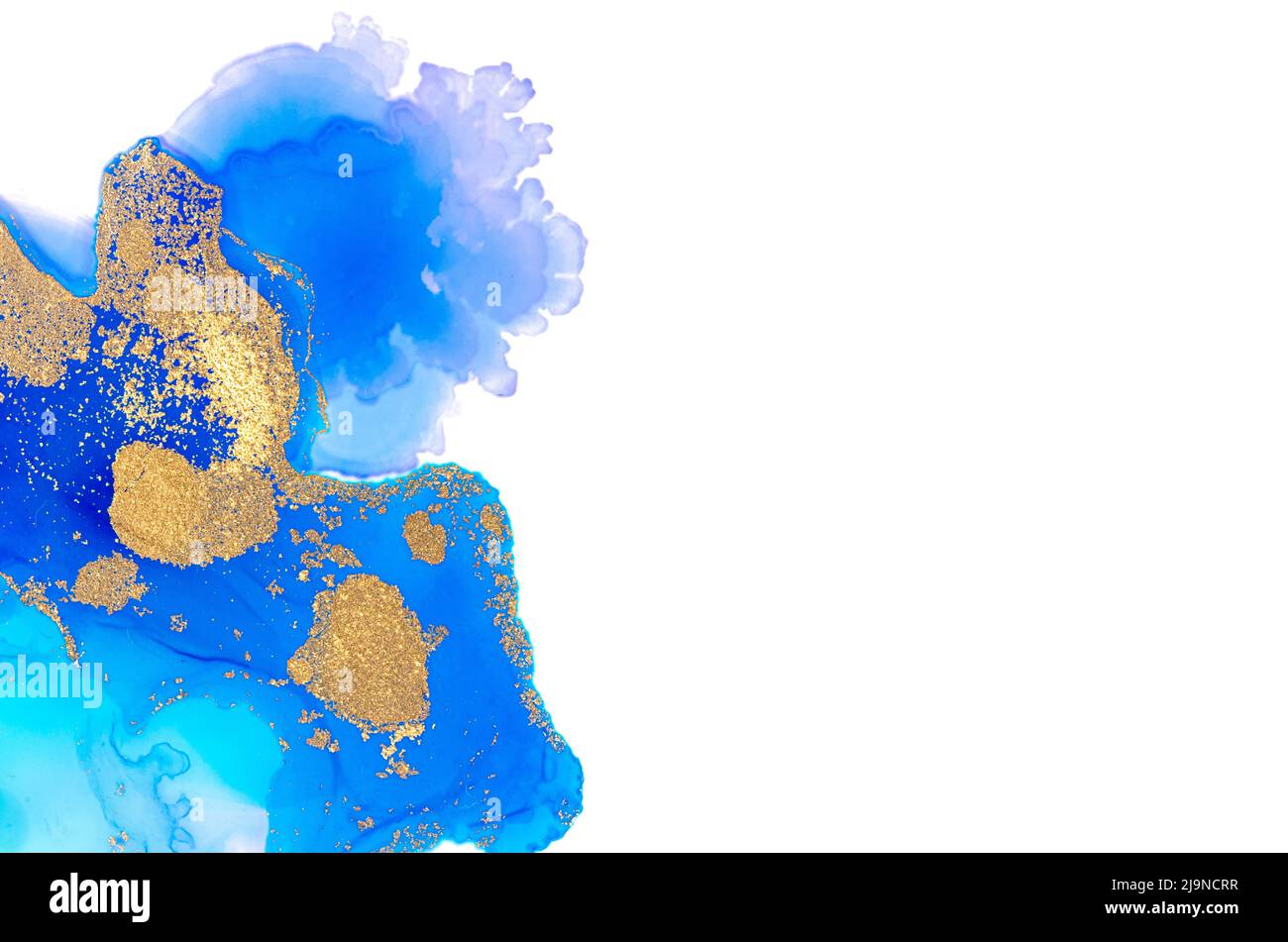 Alcohol-based ink on colored paper with blue tones on white background ...