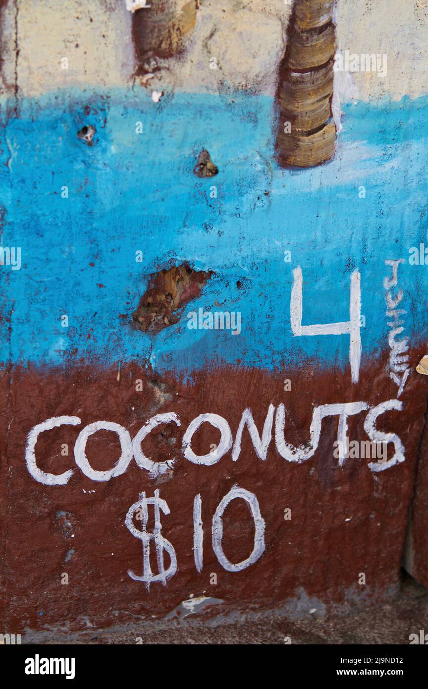 Hand painted sign for coconuts at a beach bar, Nassau, the Bahamas ...