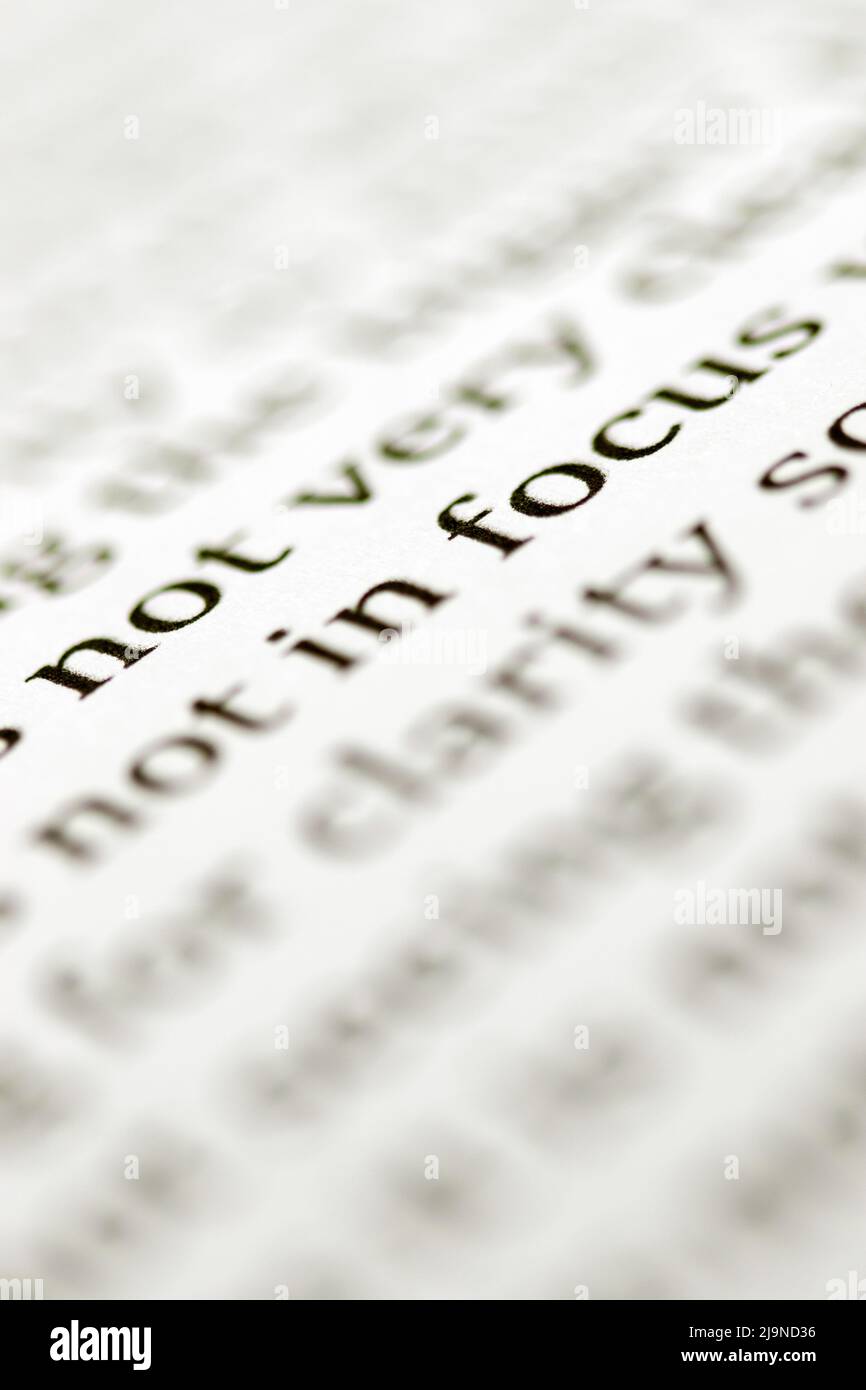 Close up of the typed words not in focus printed in black ink on white ...