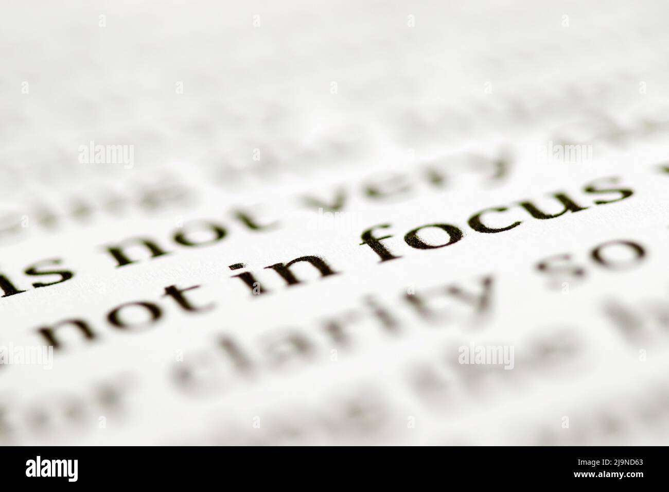 Close up of the typed words not in focus printed in black ink on white ...