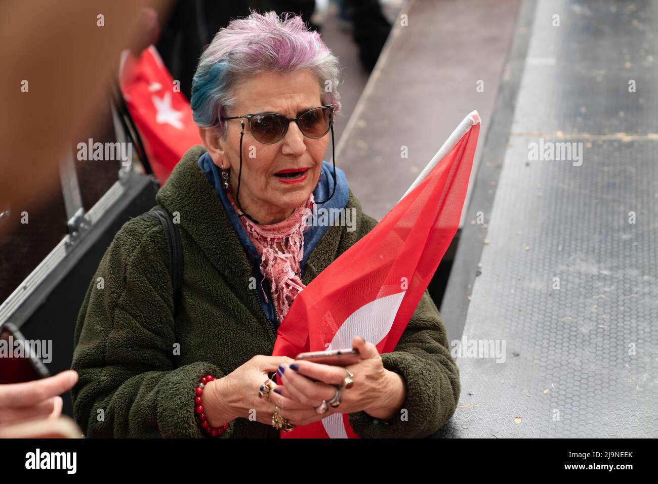 Cankaya, Ankara, Turkey - May 19 2022: An old Turkish woman with dyed ...
