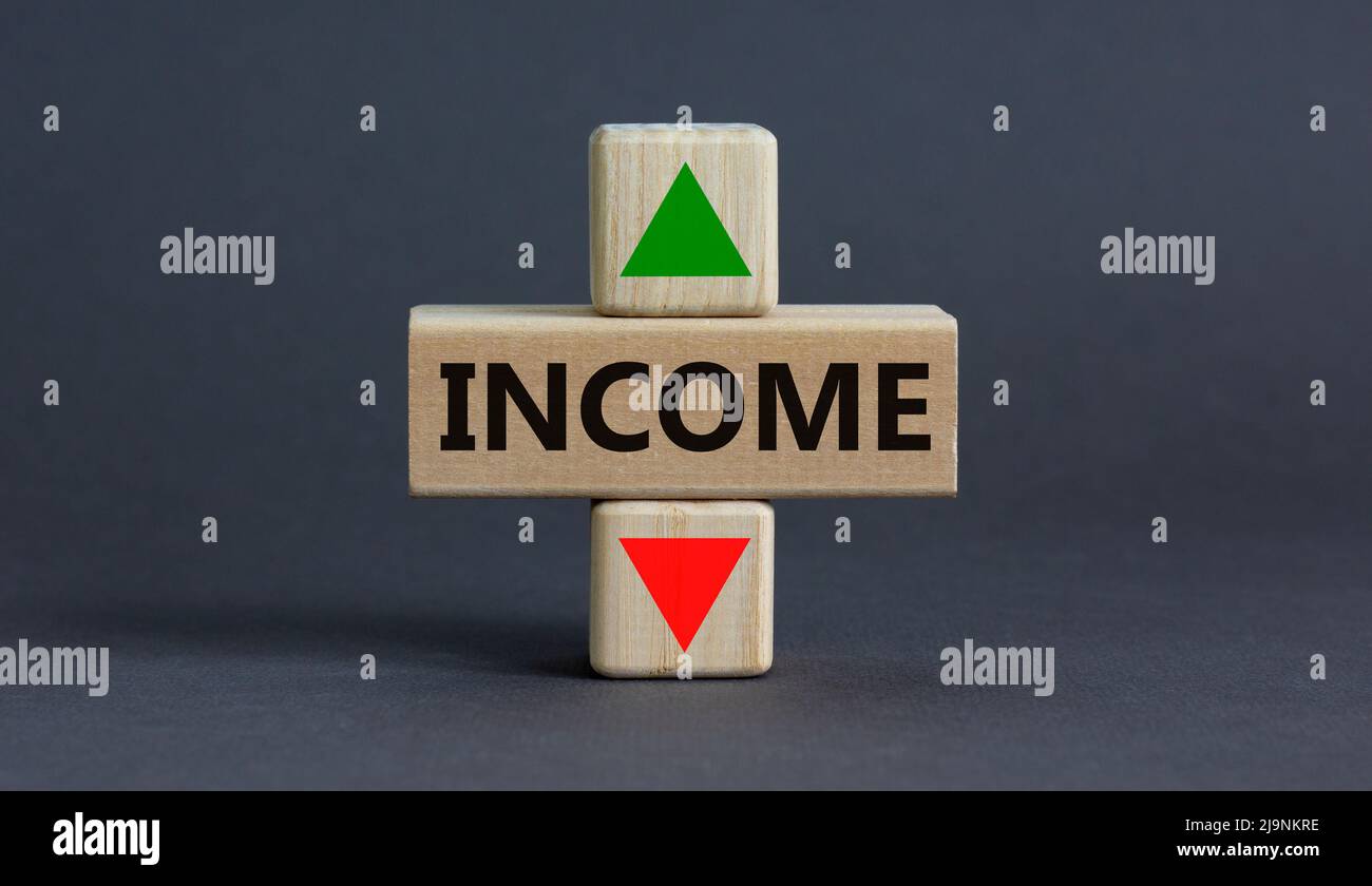 Growth of income symbol. A wooden cube with up icon. Wooden block with ...