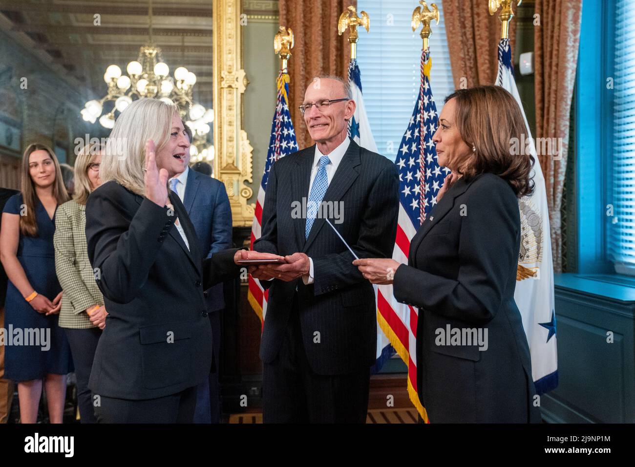 US Vice President Kamala Harris (R) swears in Alina Romanowski (L ...