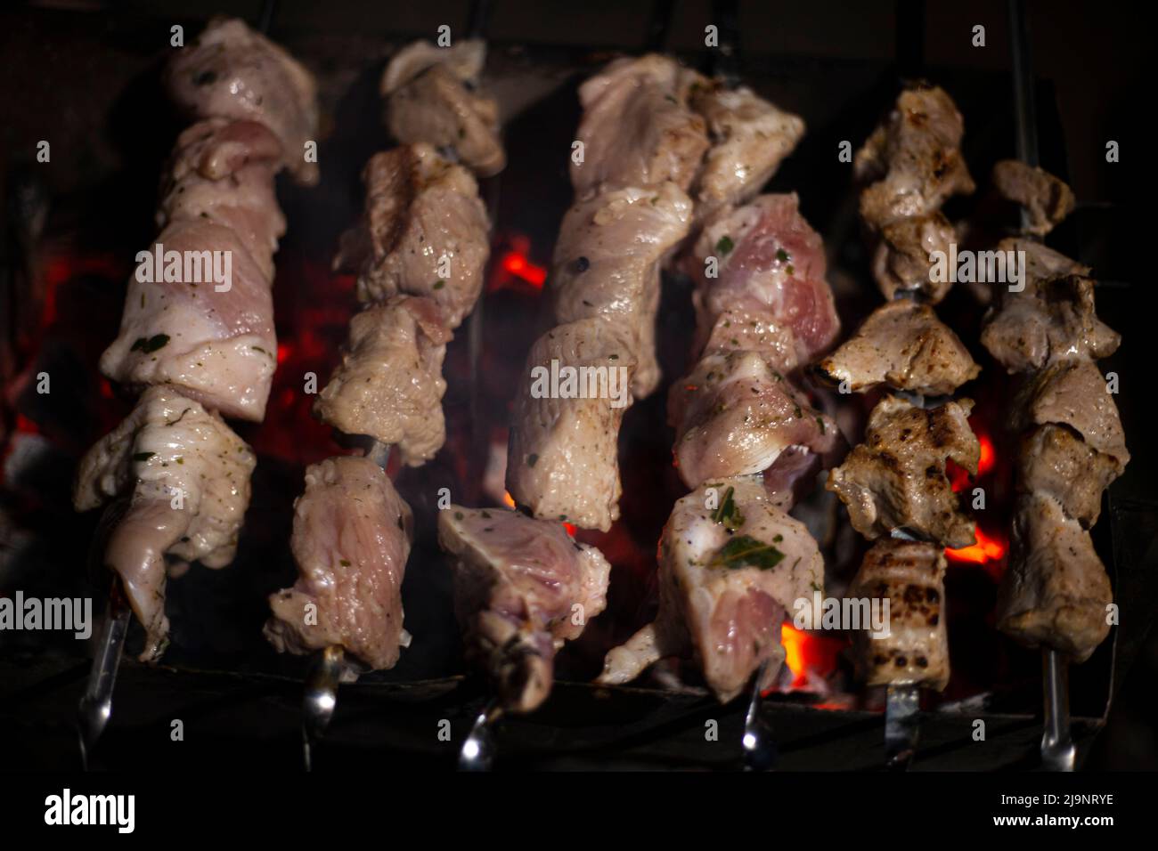 The meat is fried over an open fire. National cuisine of the Caucasian ...