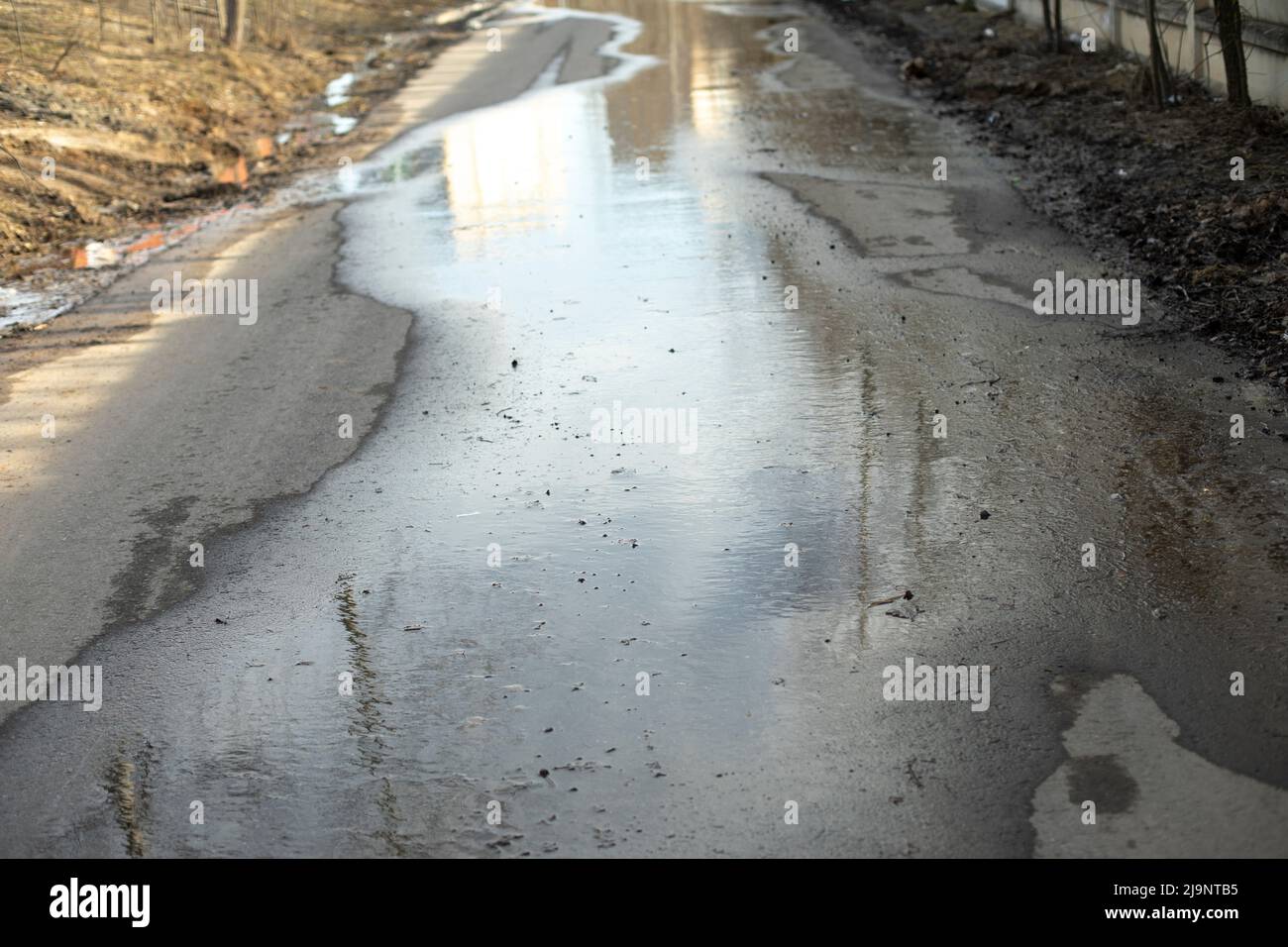 Puddle on asphalt. Wet road. Spilled water on pedestrian zone. Big ...