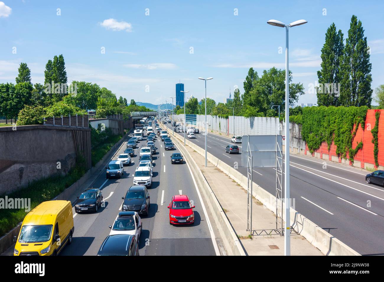 Wien, Vienna: traffic jam on freeway Donauufer Autobahn A22, DC Tower 1 ...