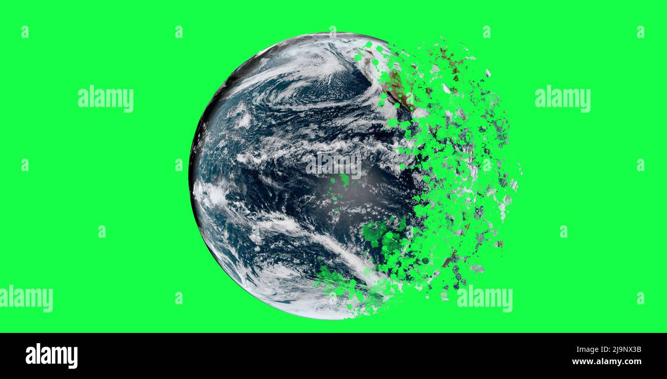 Disintegration of the world globe on green background, fragmented earth ...