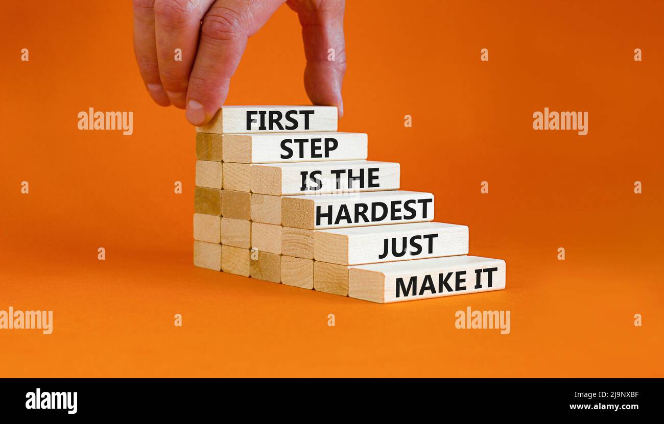 Make first step symbol. Wooden blocks with words First step is the ...