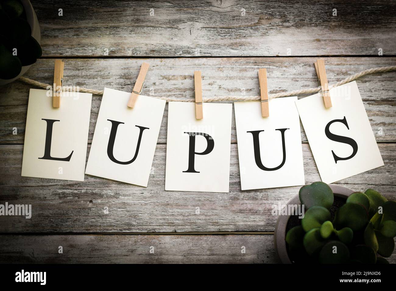 A set of printed cards spelling the word LUPUS on an aged wooden ...