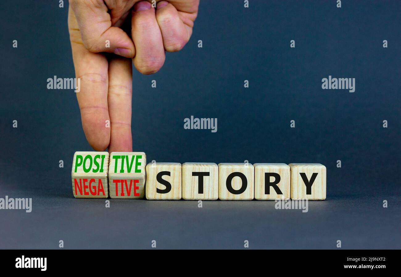 Positive or negative story symbol. Businessman turns cubes, changes ...
