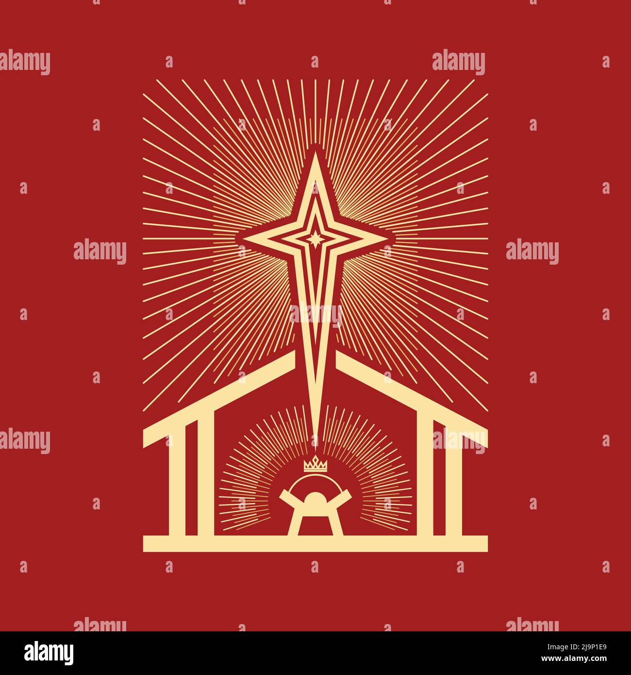 Christian illustration. Baby Jesus in the barn, from above the light of ...