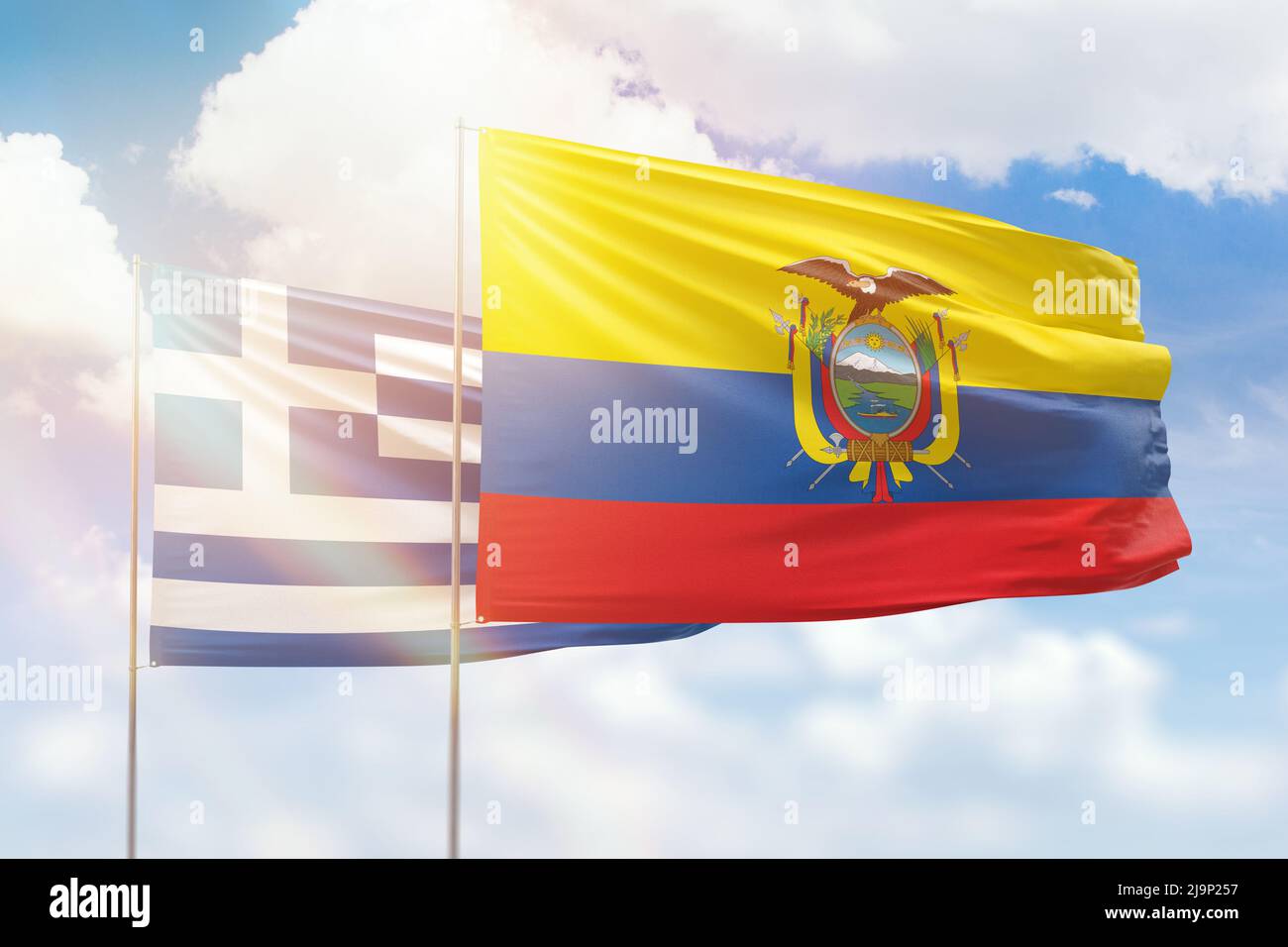 Sunny blue sky and flags of ecuador and greece Stock Photo - Alamy