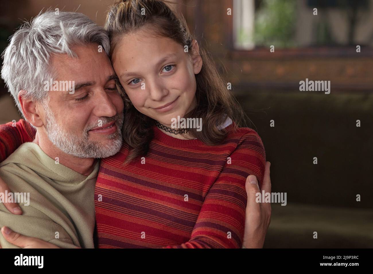 Portrait of teenage daughter hugging her happy father at home Stock ...