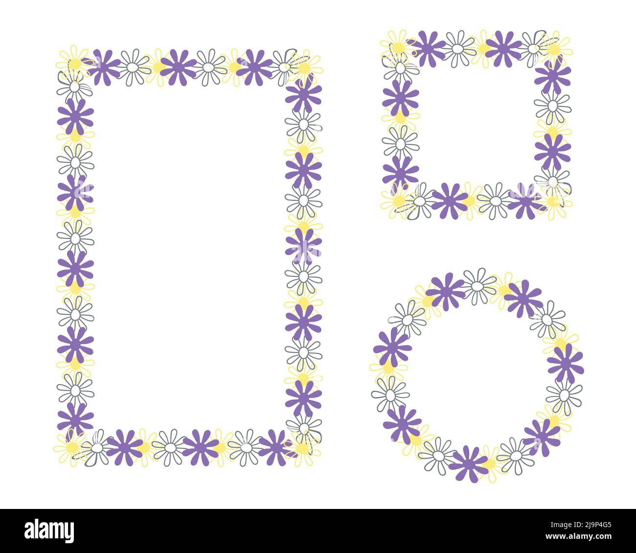 Floral chamomile frame outline set. Hand drawn decorative daisy borders ...