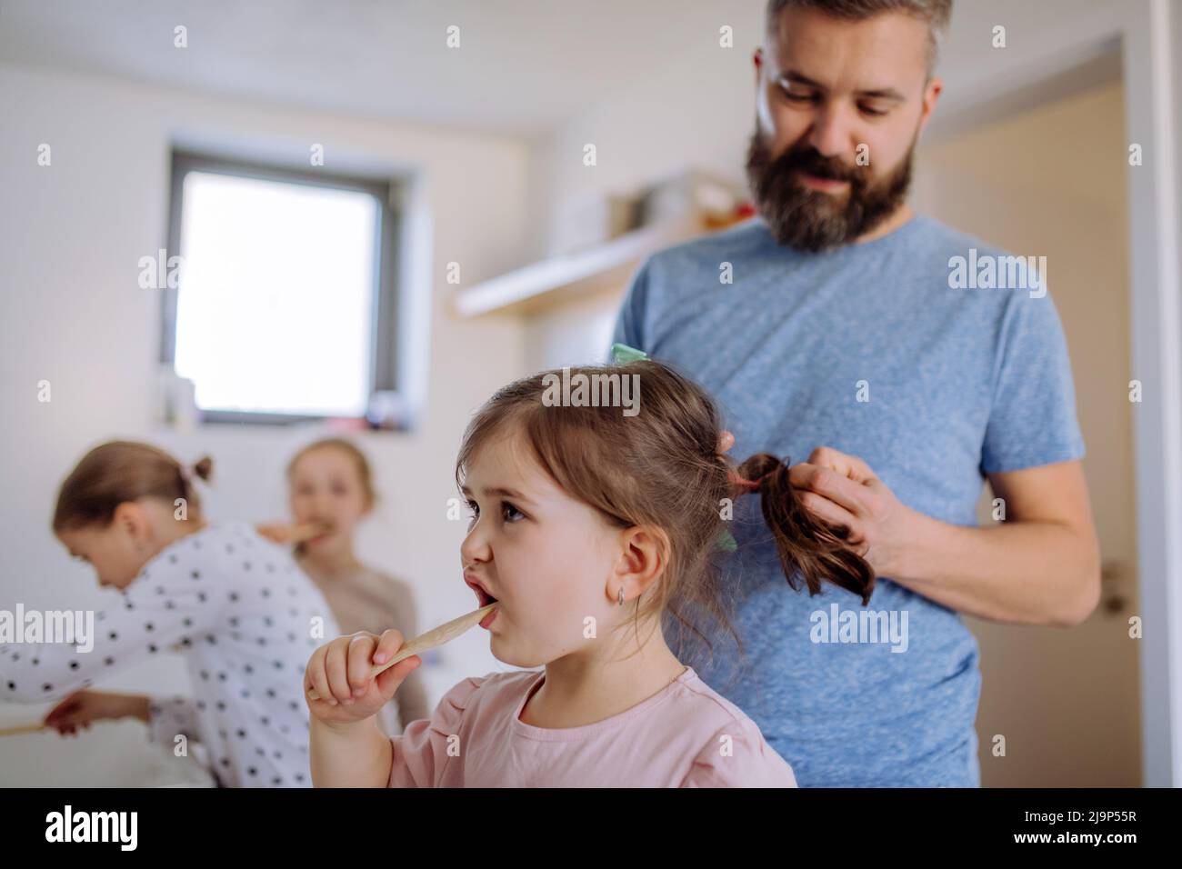 Father brushing his little daughter's hair in bathroom, morning routine concept Stock Photo - Alamy