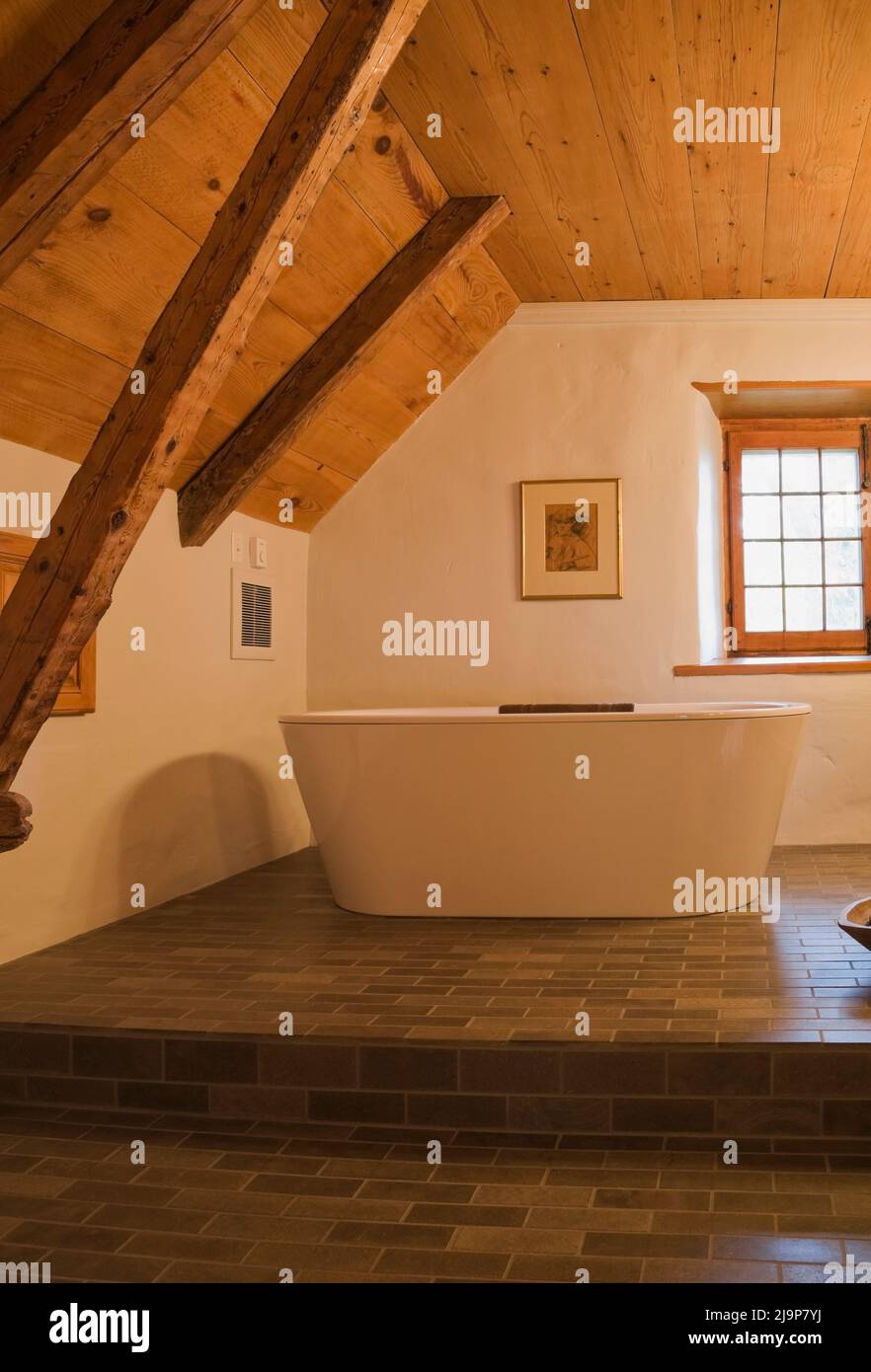 Main bathroom with freestanding bathtub on split level ceramic tile ...