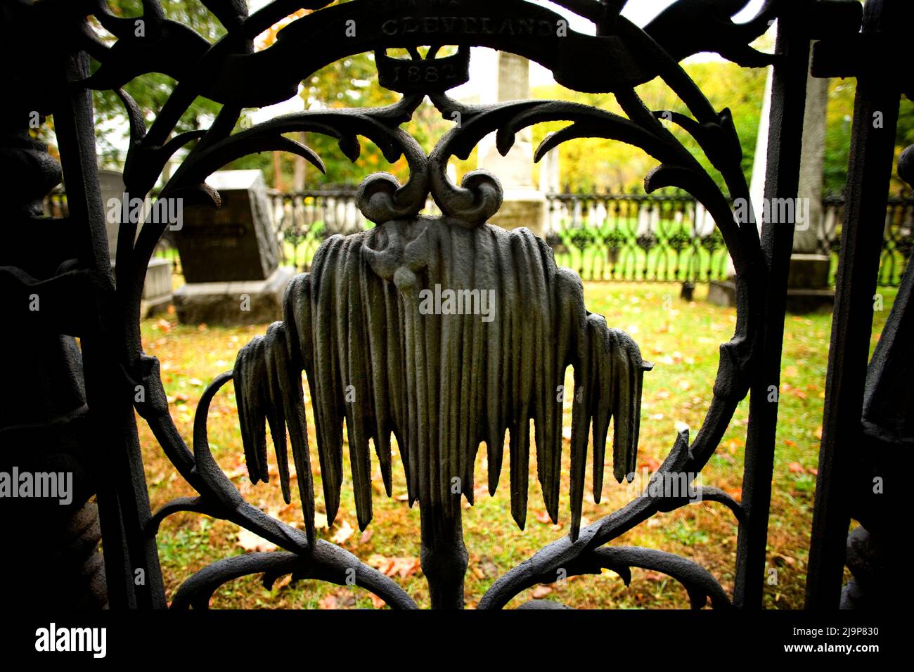 Cemetery iron gate with s design in the middle of the gate. Almost like ...