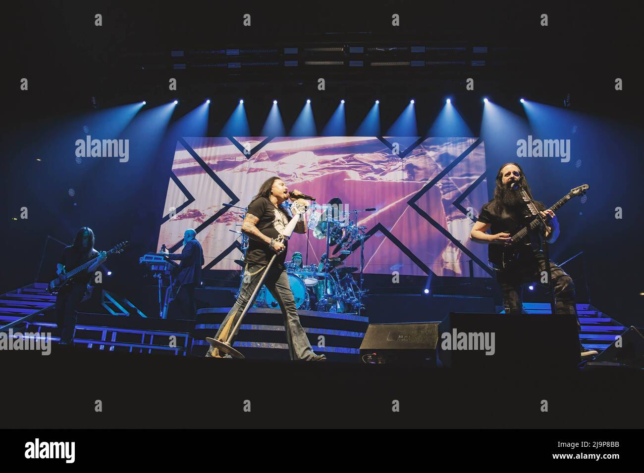 James LaBrie (L) and John Petrucci, perform on stage with the band ...