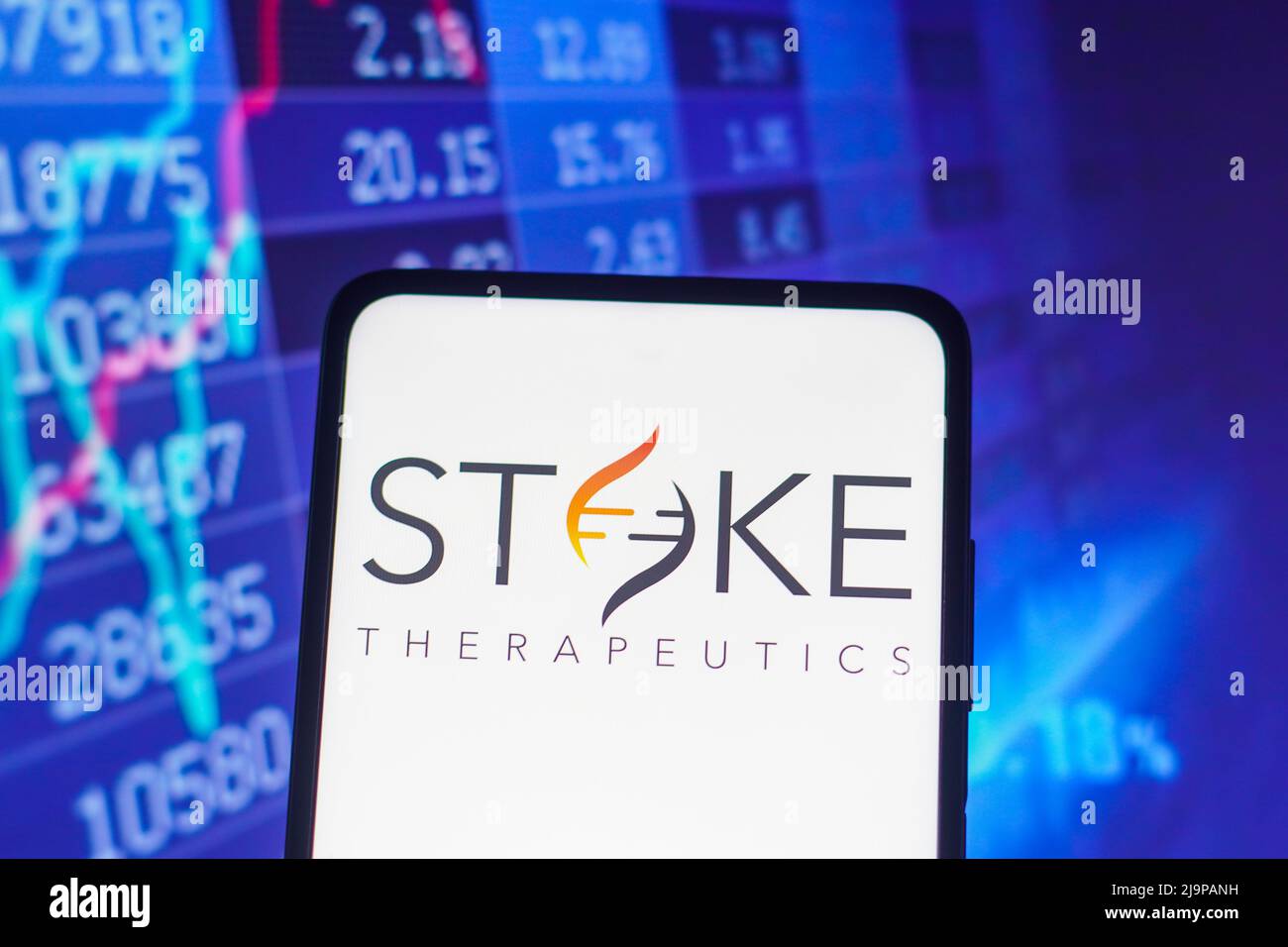 In this photo illustration, the Stoke Therapeutics logo seen displayed on a smartphone screen ...