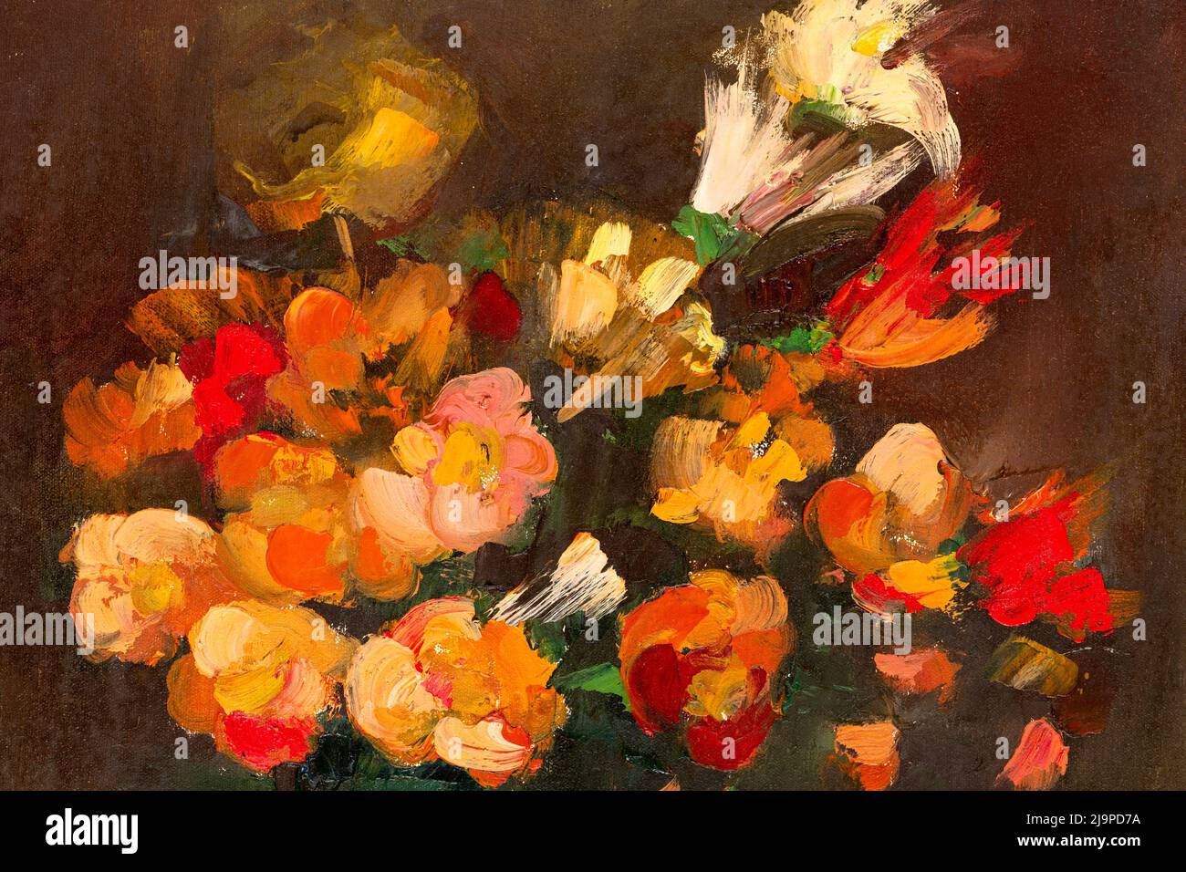 Detail of oil painting on canvas depicting flowers bouquet in a vase ...