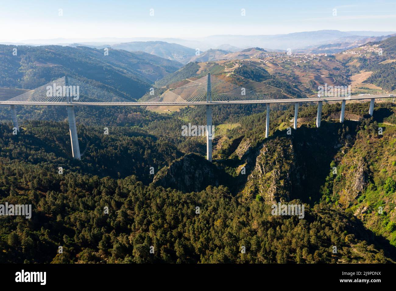 View from drone of Vila Real Bridge across gorge of Corgo river Stock ...