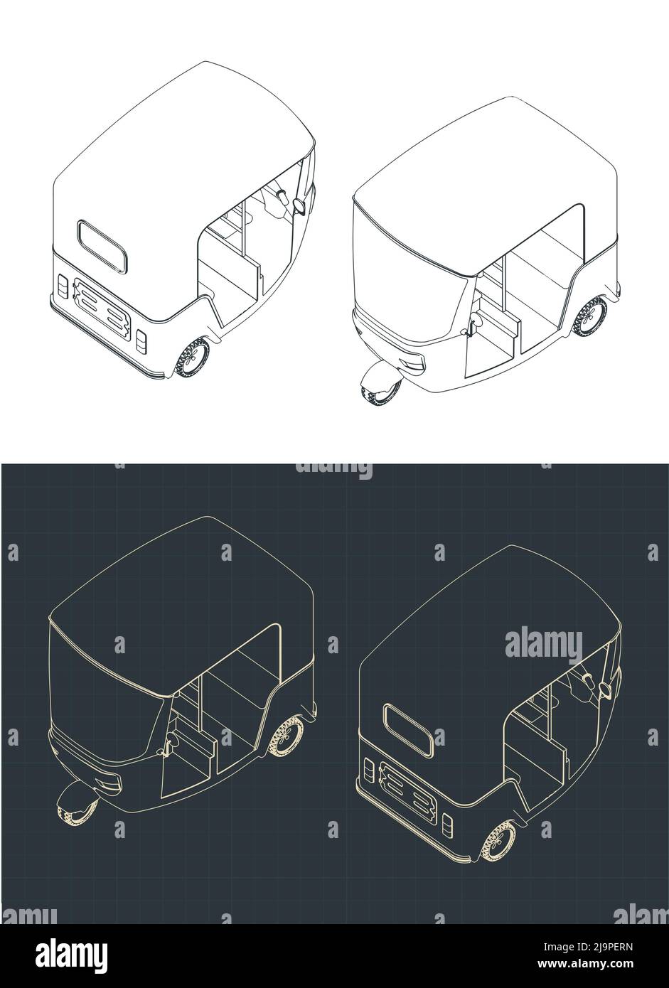 Stylized vector illustrations of isometric blueprints of auto rickshaw ...