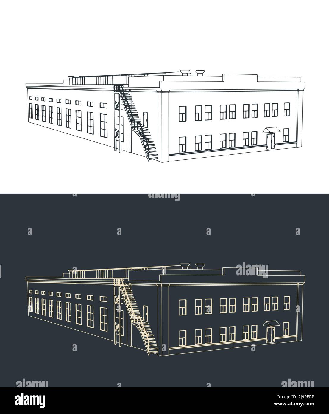 Stylized vector illustration of drawings of factory building Stock ...