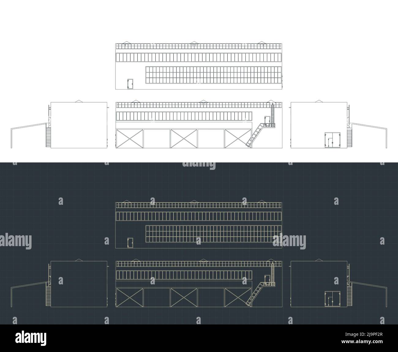 Stylized vector illustration of blueprints of factory building Stock ...