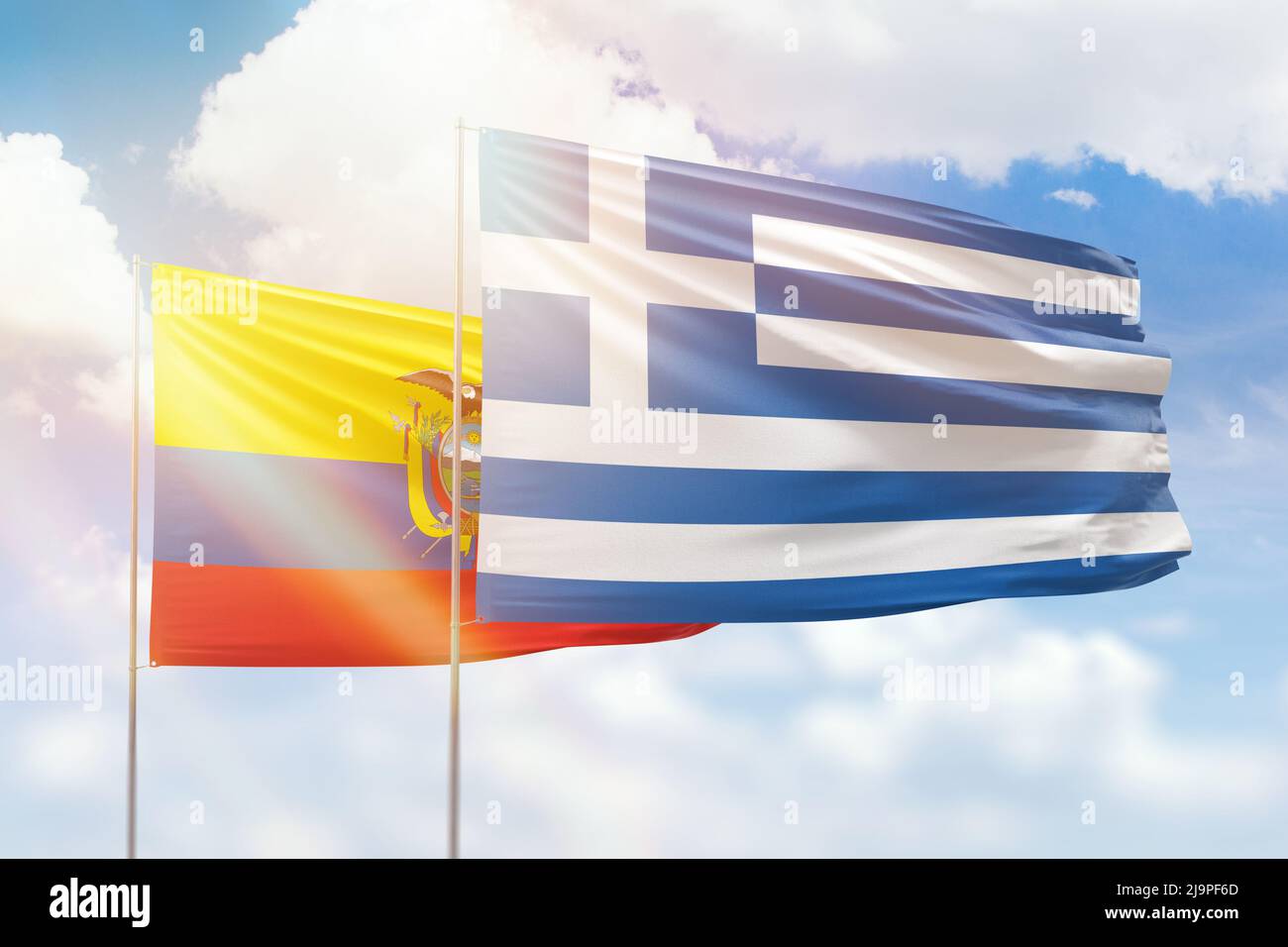 Sunny blue sky and flags of greece and ecuador Stock Photo - Alamy