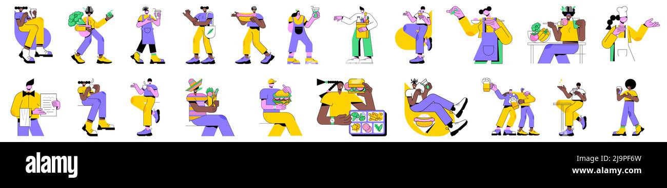 Colorful linear vector illustration set of isolated characters. Cafe ...