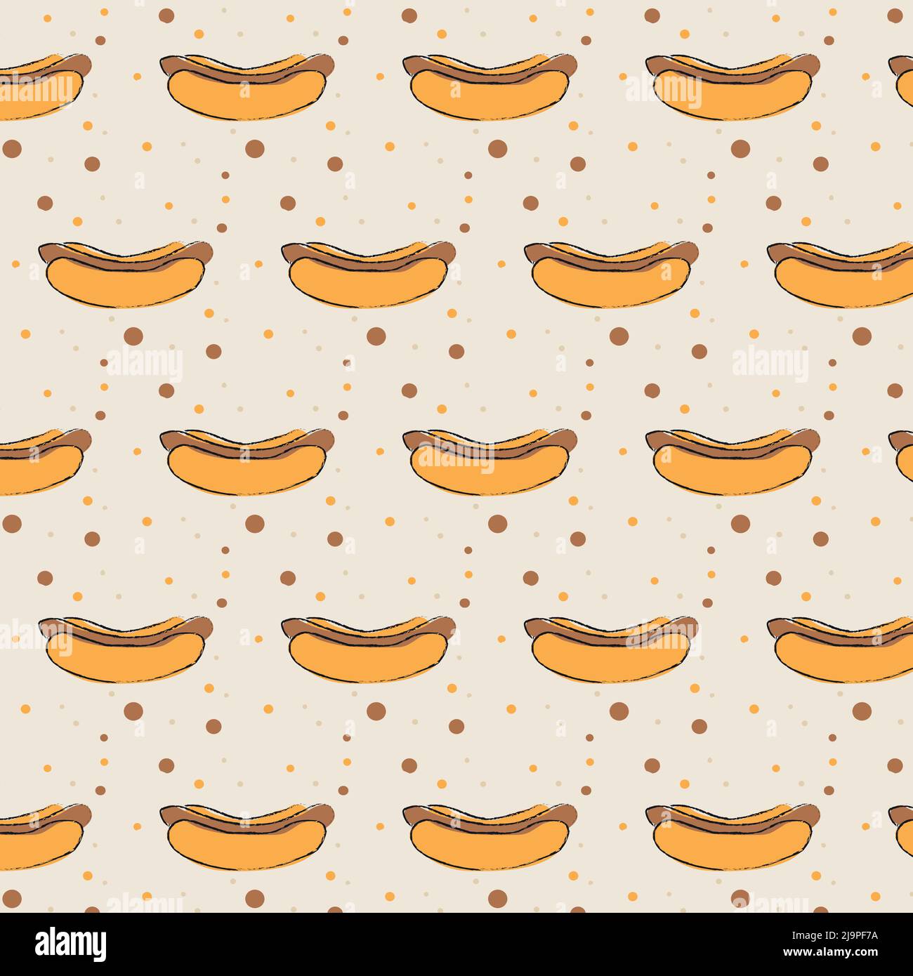 seamless pattern of hand-drawn hot-dogs on a beige background. for ...