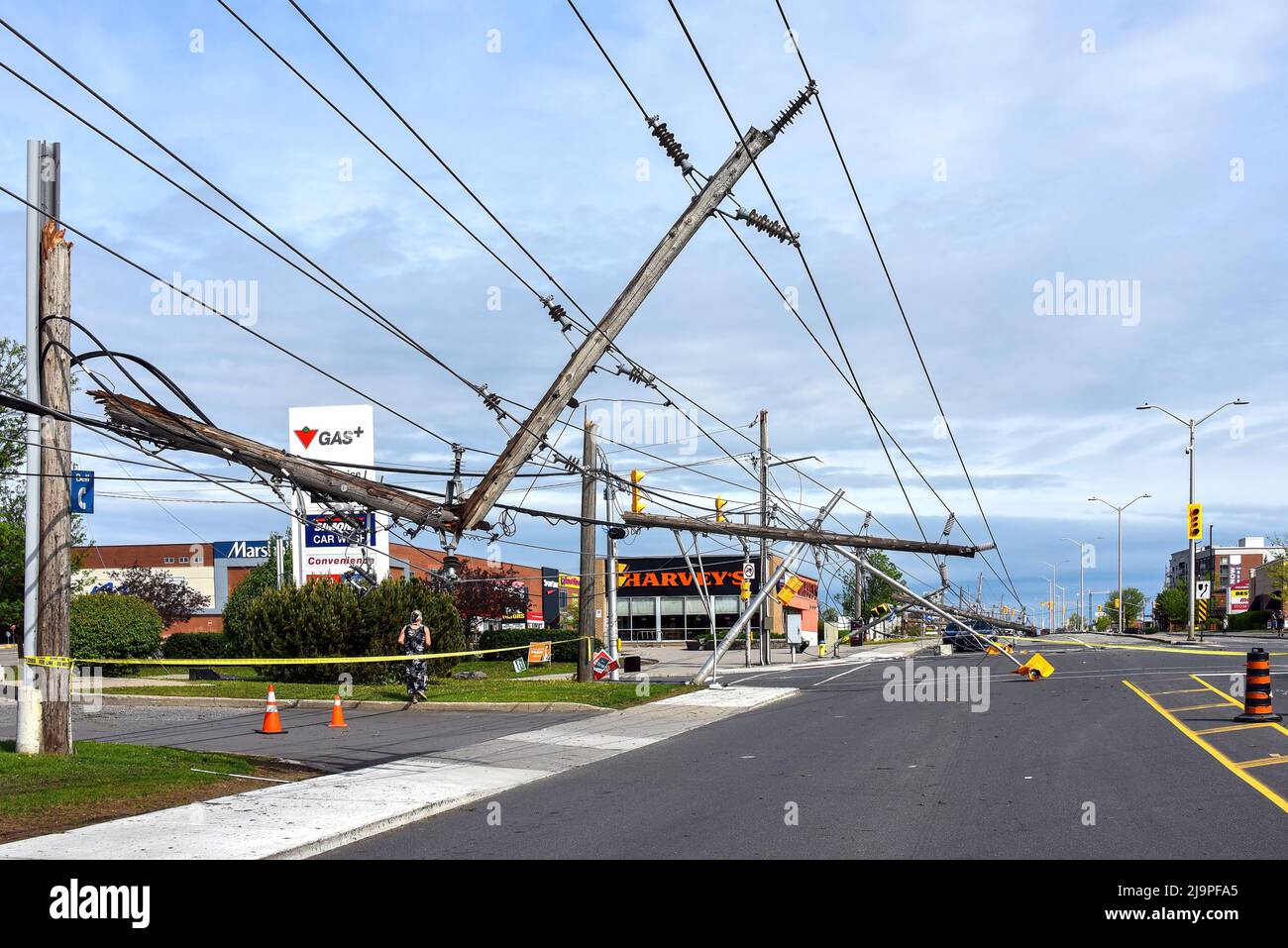 Ottawa, Canada - May 22, 2022: Power lines and traffic lights down on ...