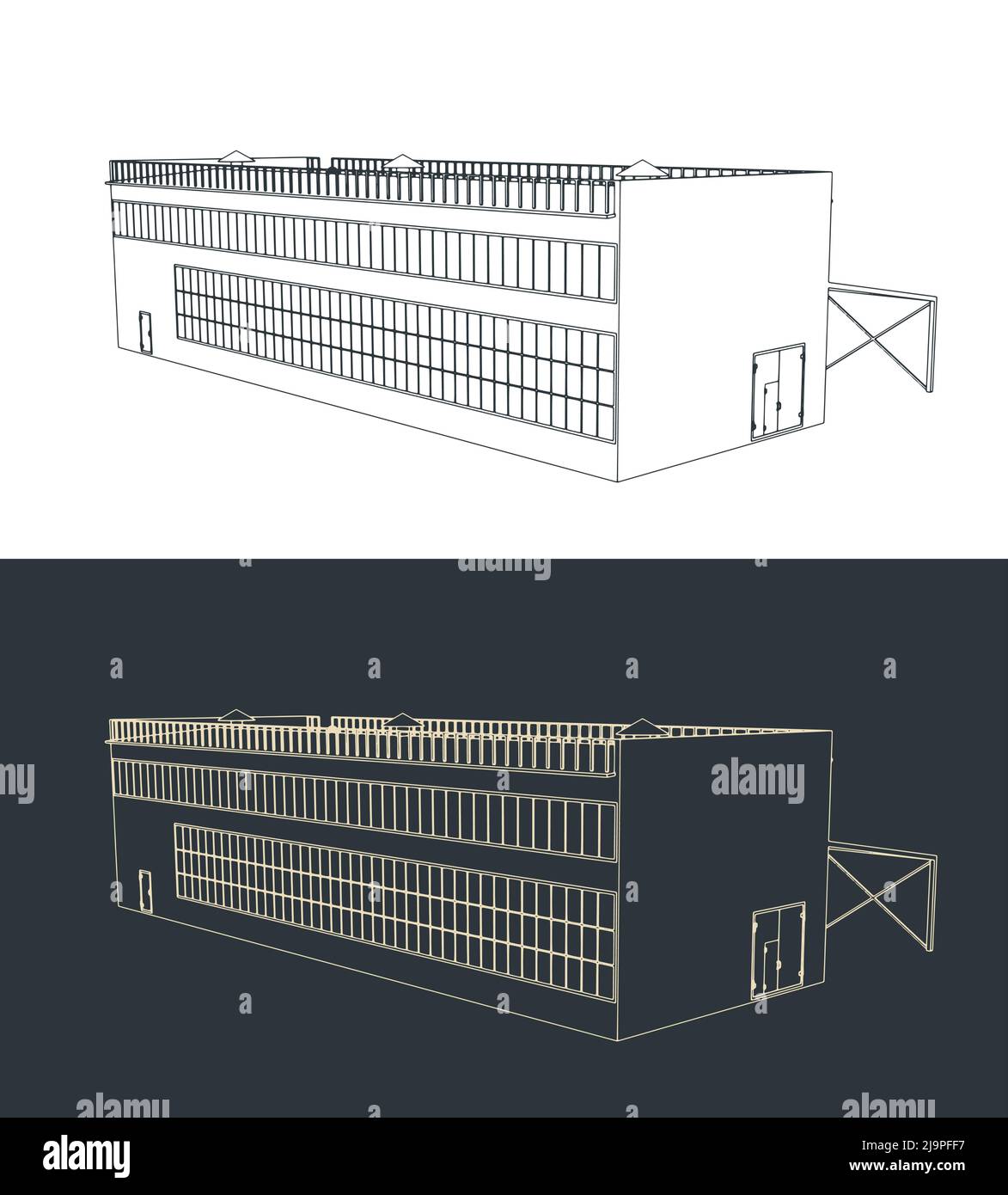 Stylized vector illustration of drawings of factory building Stock ...