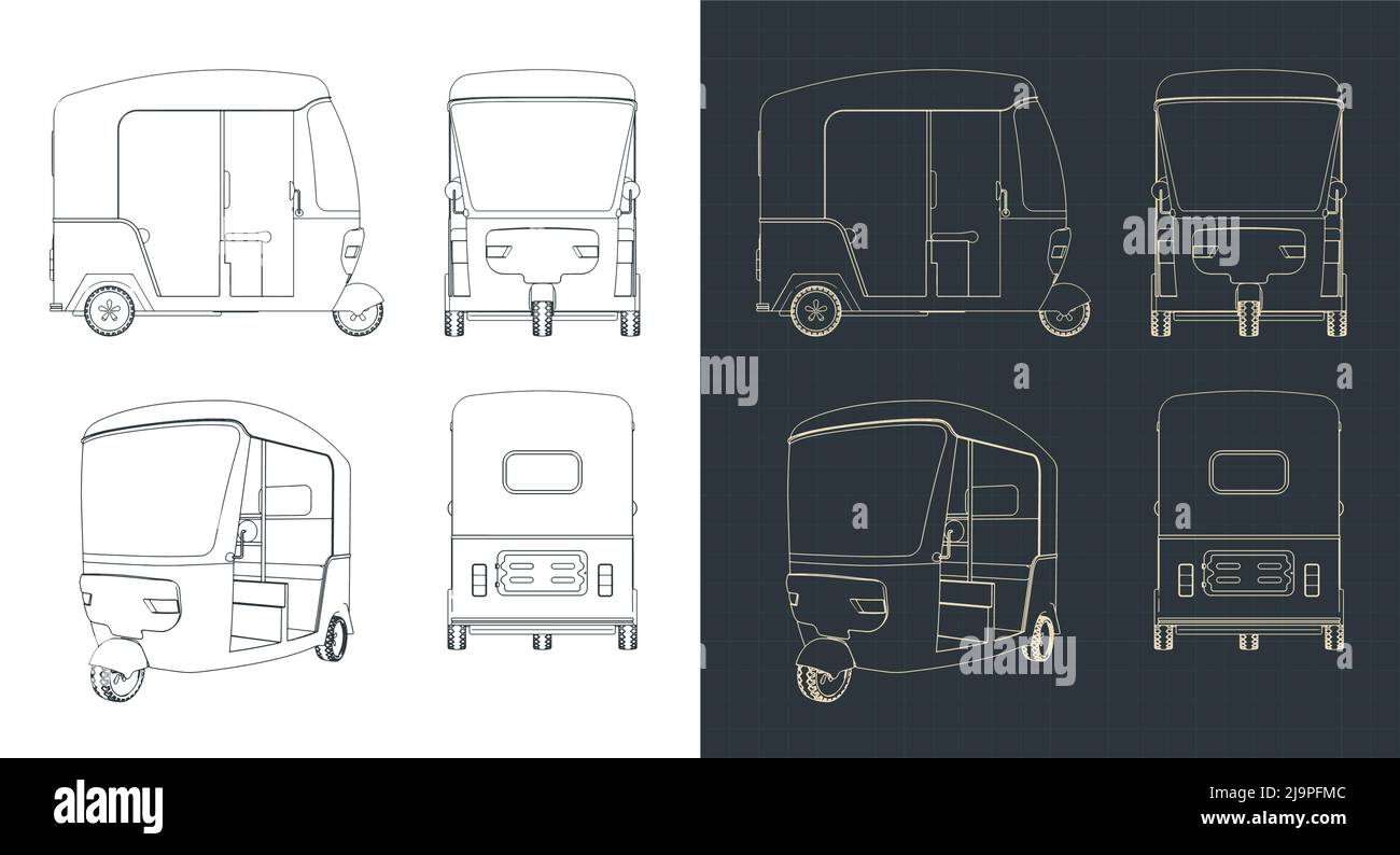 Stylized vector illustrations of blueprints of auto rickshaw Stock ...