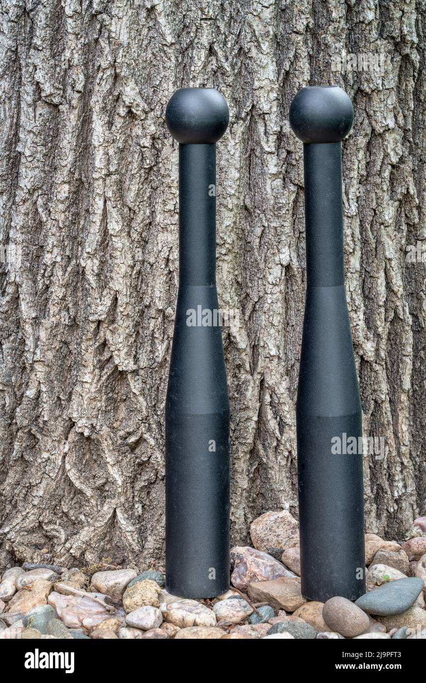 pair of steel clubs in backyard, functional fitness concept, heavy ...