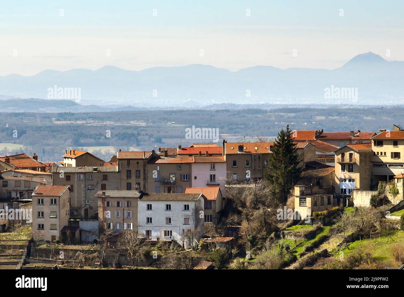 Aerial view of dense historic center of Thiers town in Puy-de-Dome ...