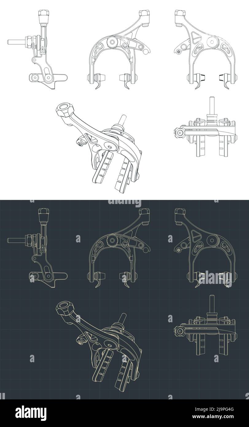 Stylized vector illustration of blueprints of road bike brake calliper ...