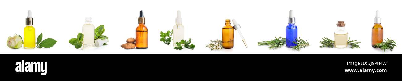 Set of many different essential oils isolated on white Stock Photo - Alamy