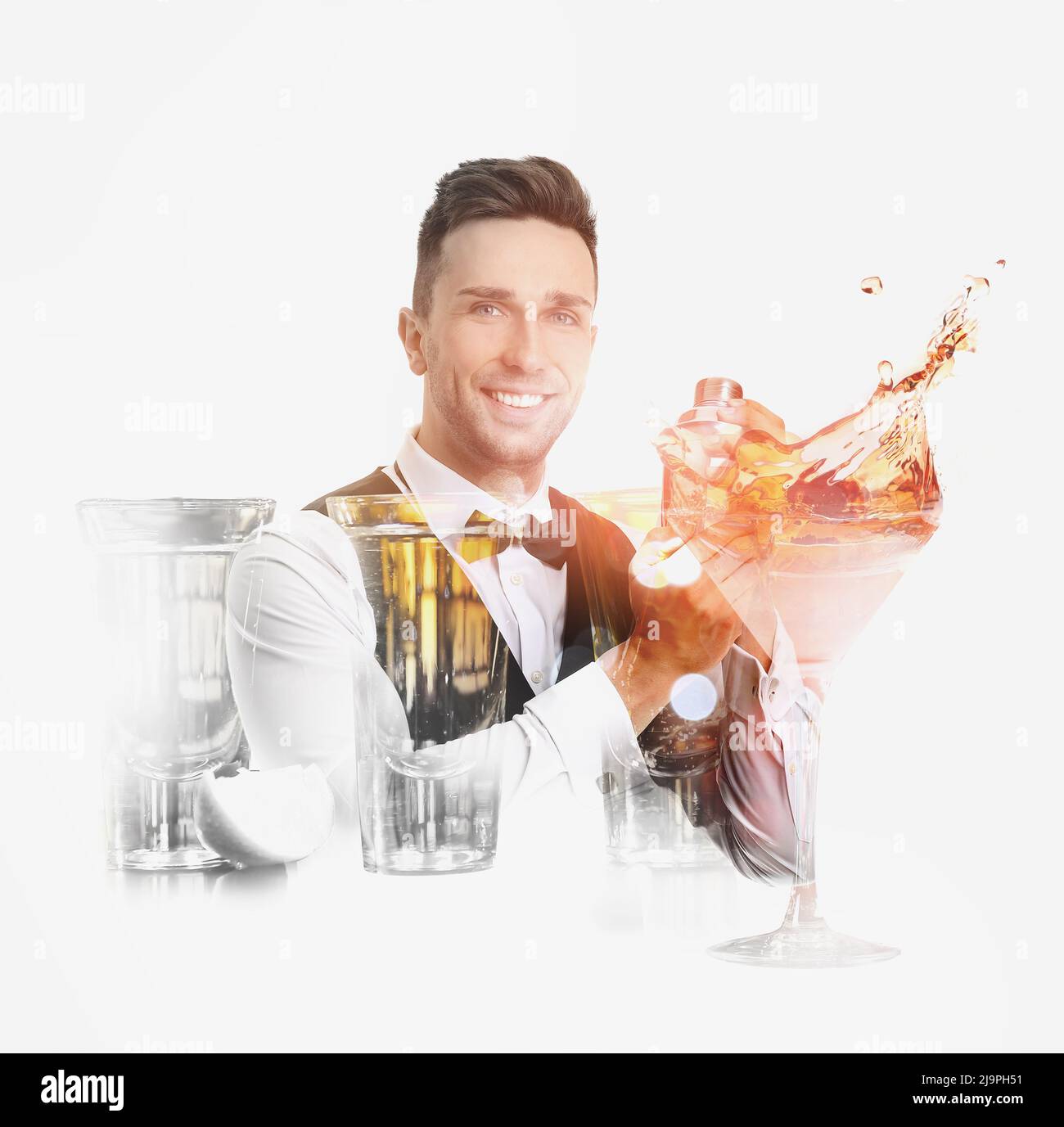 Collage with handsome male bartender and drinks on white background ...