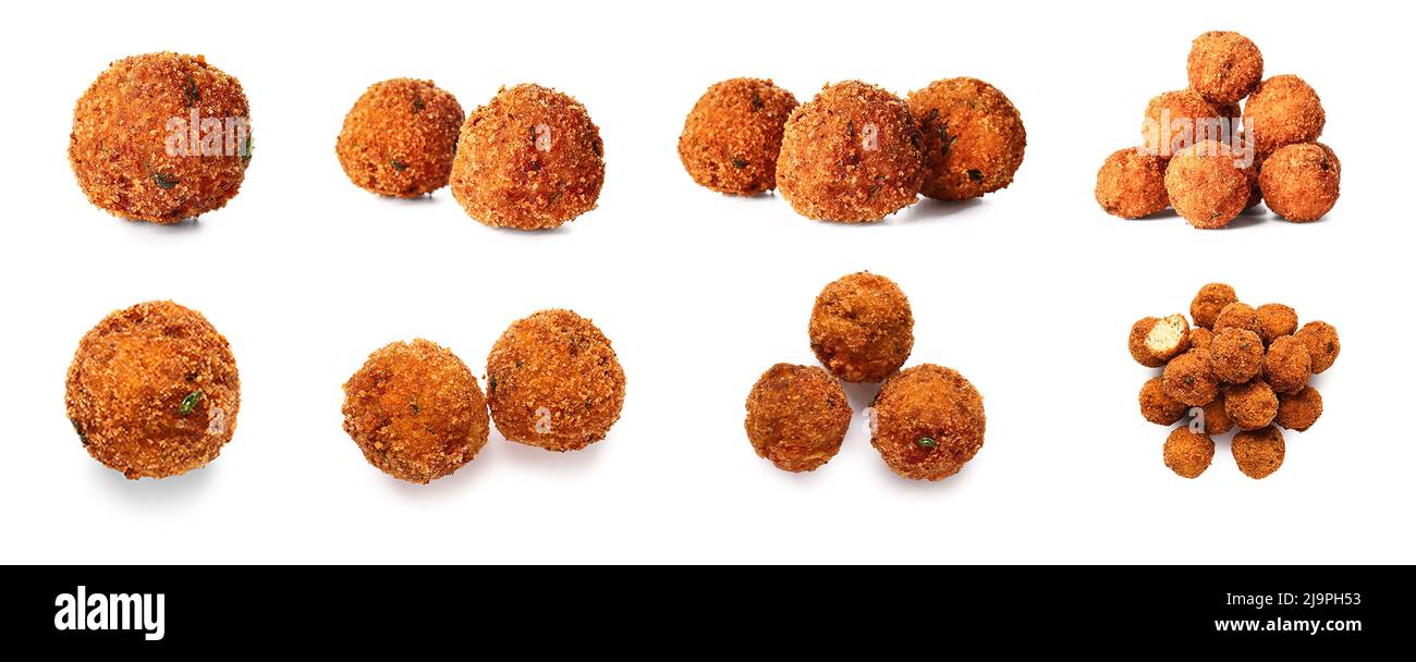 Set of tasty cod cutlets on white background Stock Photo - Alamy